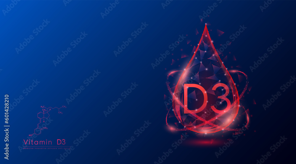Vitamin D3 drop red low poly and structure chemical formula. Medicine ...