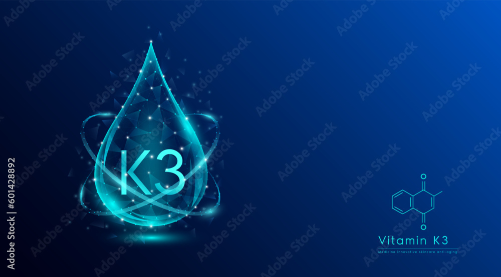 Vitamin K3 drop blue low poly and structure chemical formula. Medicine ...