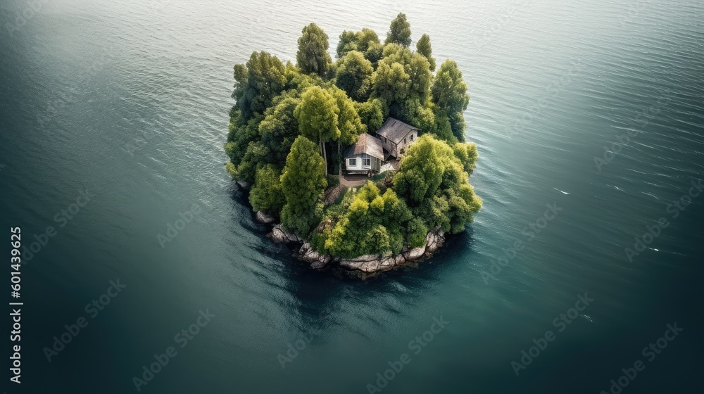 Aerial view of isolated lonely house on island in sea, little privately ...