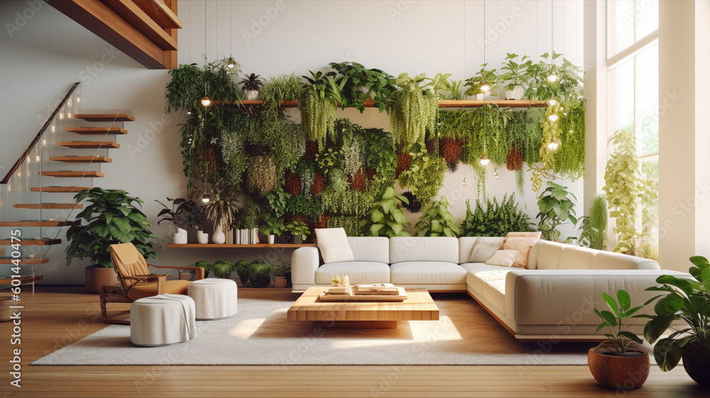 Modern interior with a lot of plants. Organic living room design ...