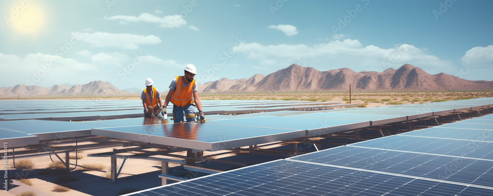 solar energy technology. two men are working on solar panels in the ...