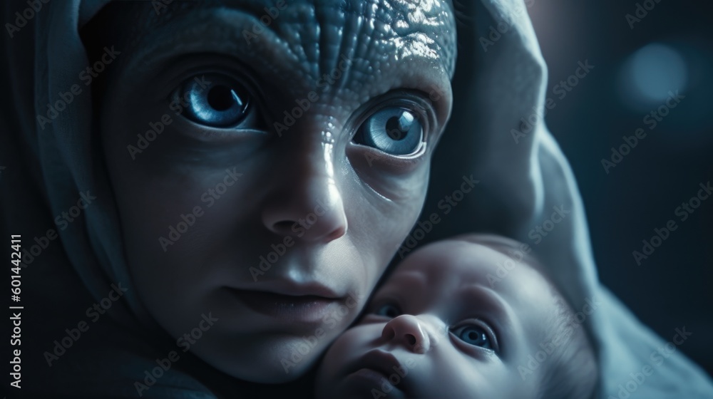 Extraterrestrial reptilian alien mother with big blue eyes and her ...