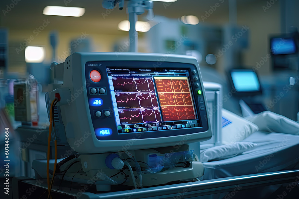 Intensive care unit (ICU) with medical equipment and monitors ...