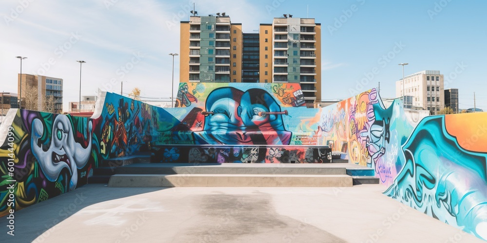 A skate park adorned with vibrant murals, fusing urban sports and ...
