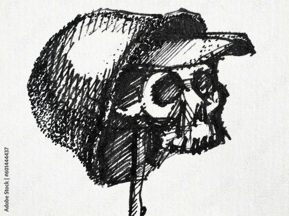 Skull with soldiers helmet. Human head on a stake. Graphic drawing on ...