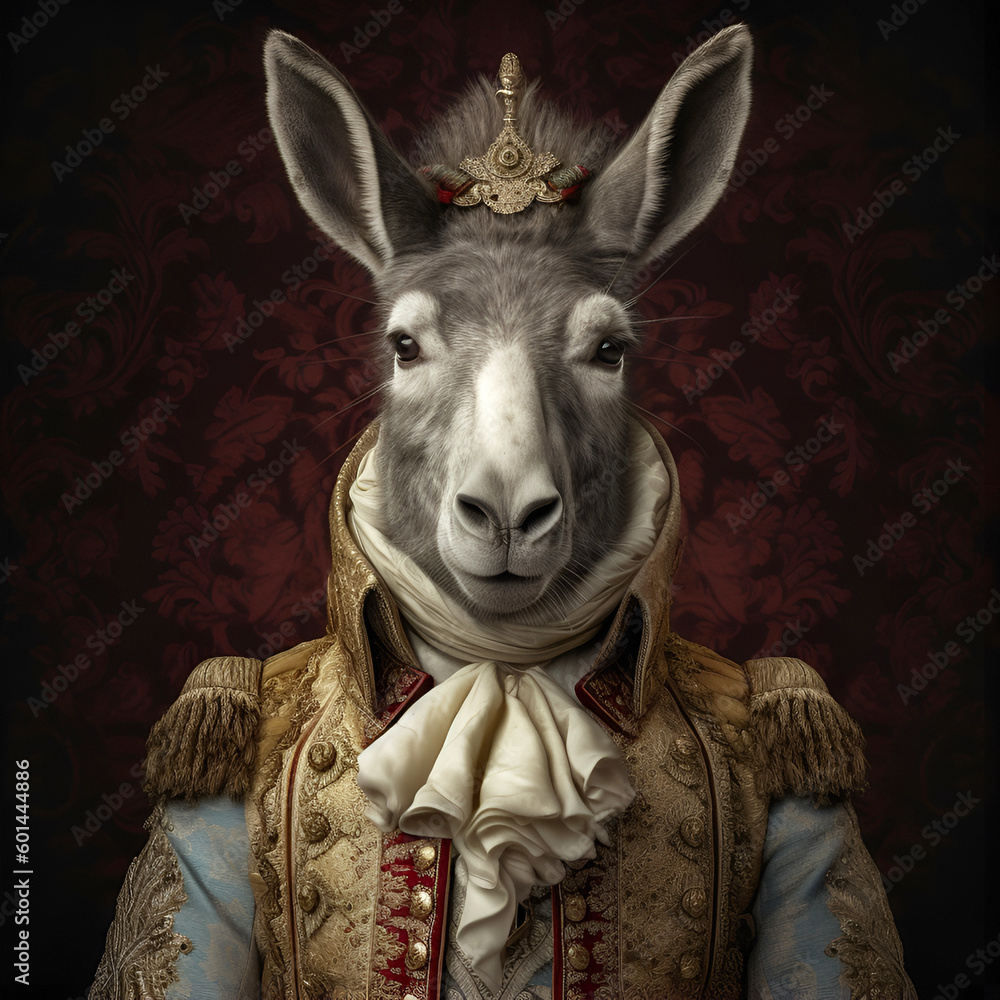 Realistic lifelike donkey mule in renaissance regal medieval noble ...
