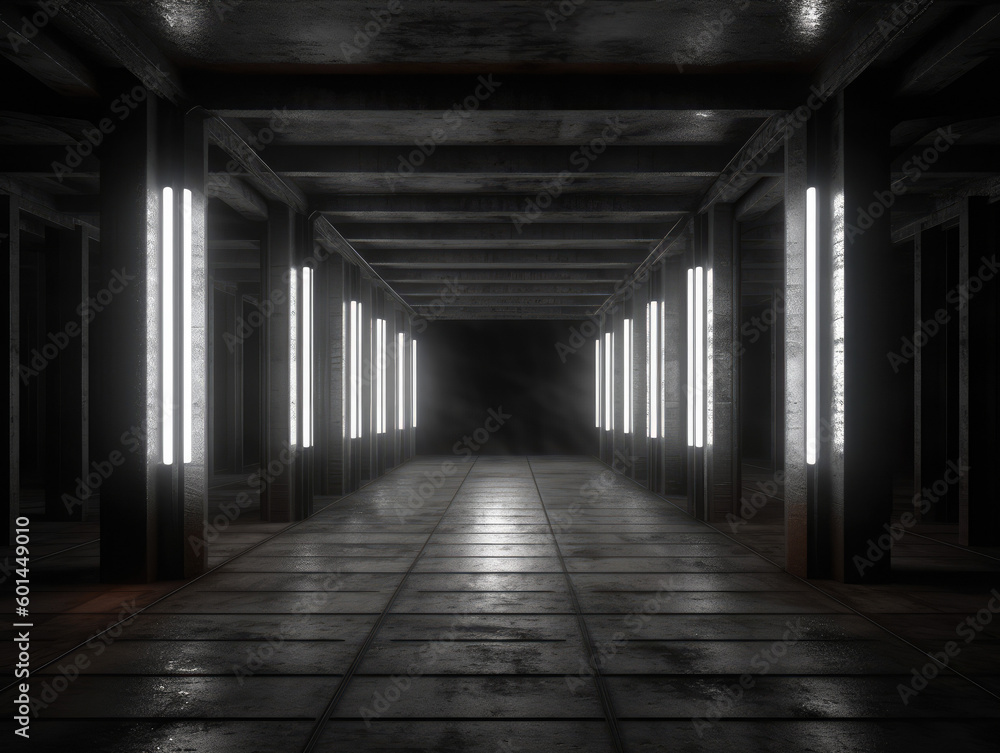 Dark Underground Cell Steel Wire Room Glowing White Led Light On Carbon ...