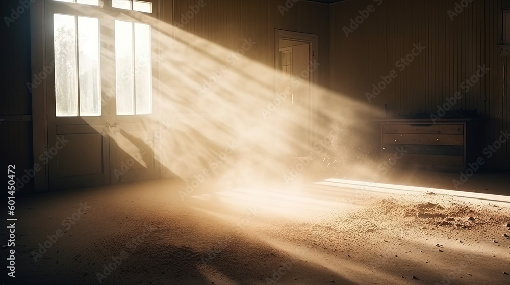 Dusty room with old distressed windows and sun rays. Abandoned grungy interior with lights in ...