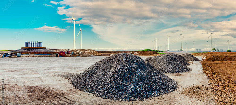 Construction site. Foundations of wind turbines with concrete and steel ...