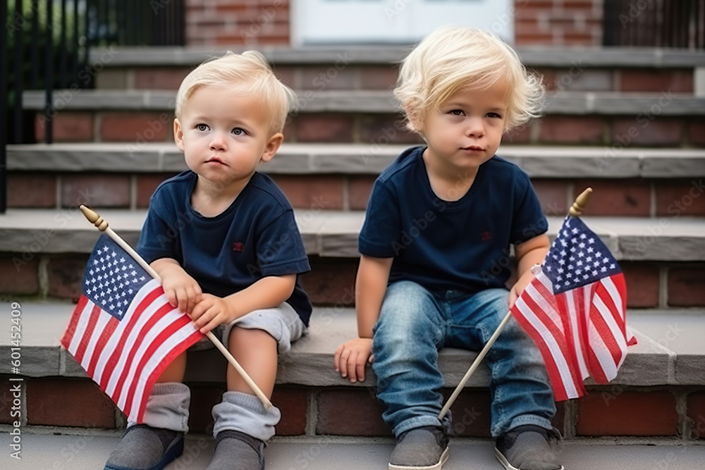 Two young boys sitting on steps holding american flags created with ...