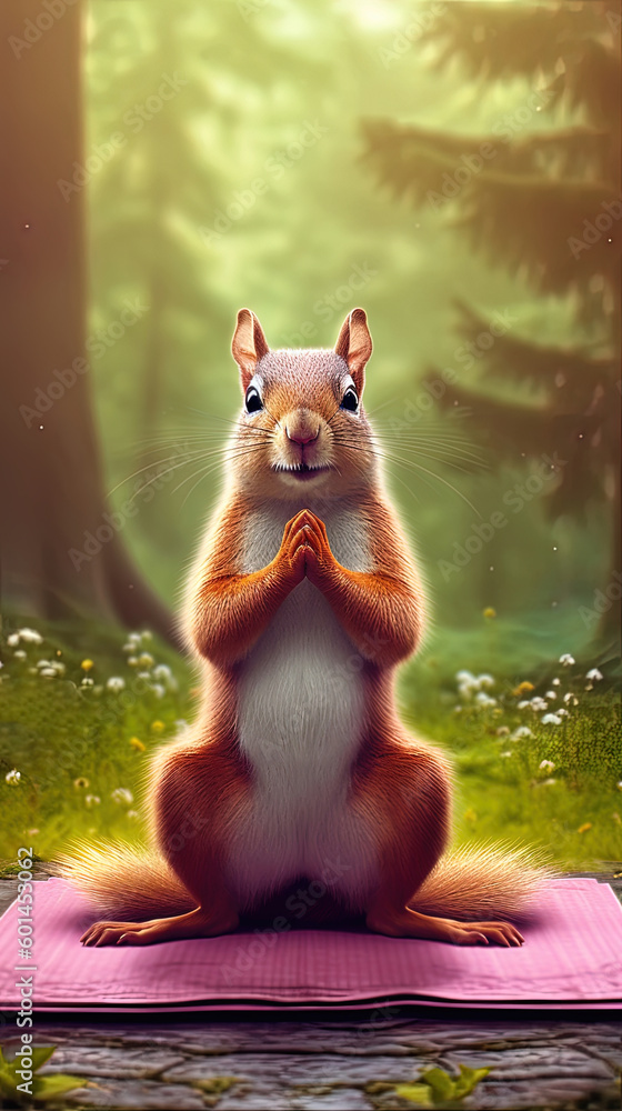 Yoga is for everybody, red squirrel standing in a lush forest practicing yoga pose. and ...
