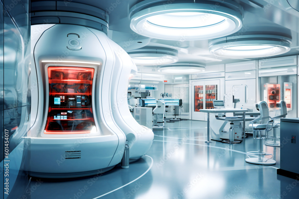 Smooth clean white and red futuristic interior, science fiction lab or ...