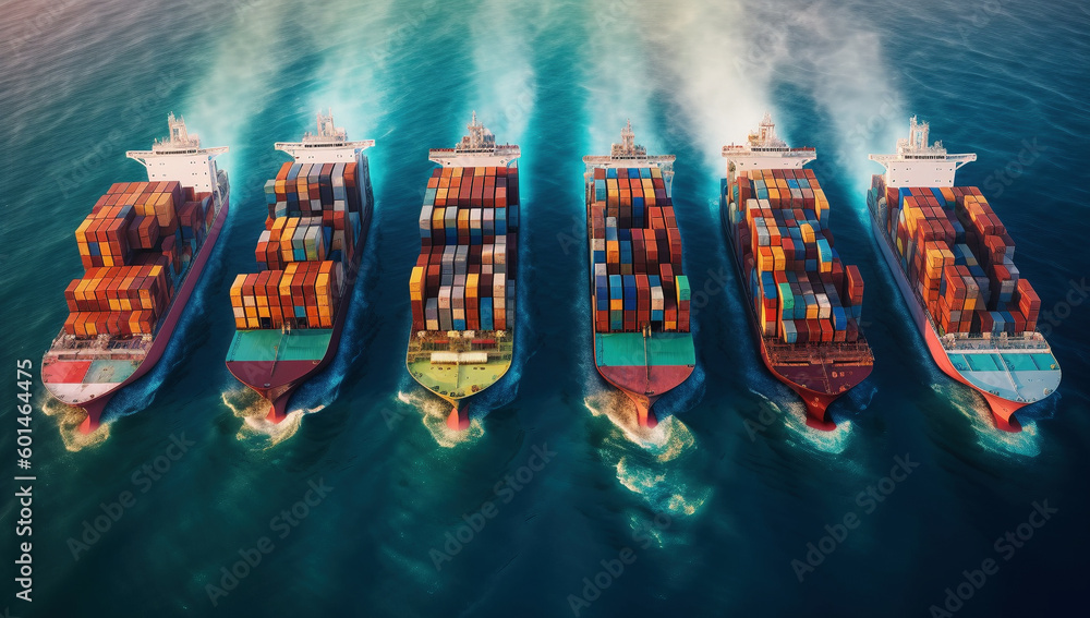Four container ships sail across the ocean in this aerial photograph ...