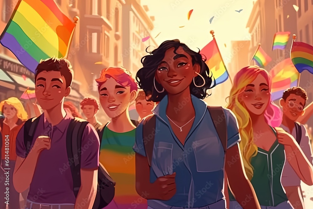 Young people dressed in colorful clothes, carrying pride flags ...