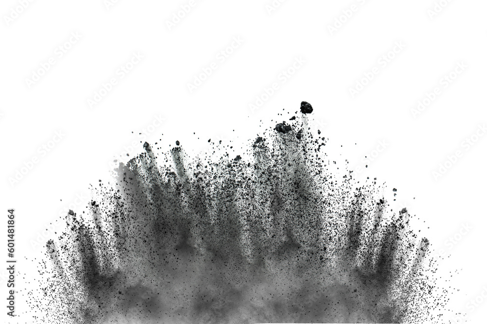 Black particles splattered on white background. Black powder dust ...