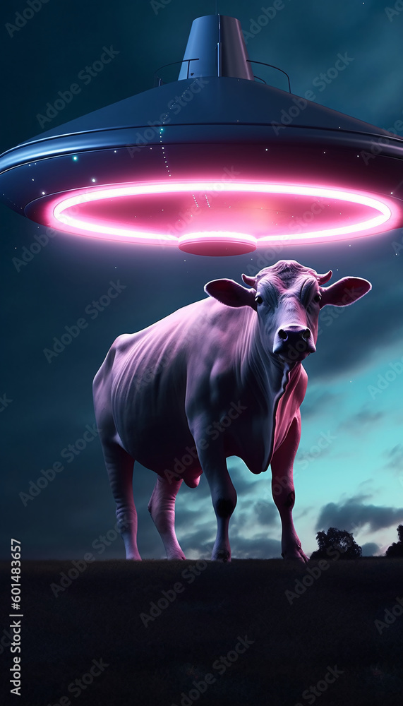 Cow abduction by aliens on a flying saucer in neon light at night in a ...