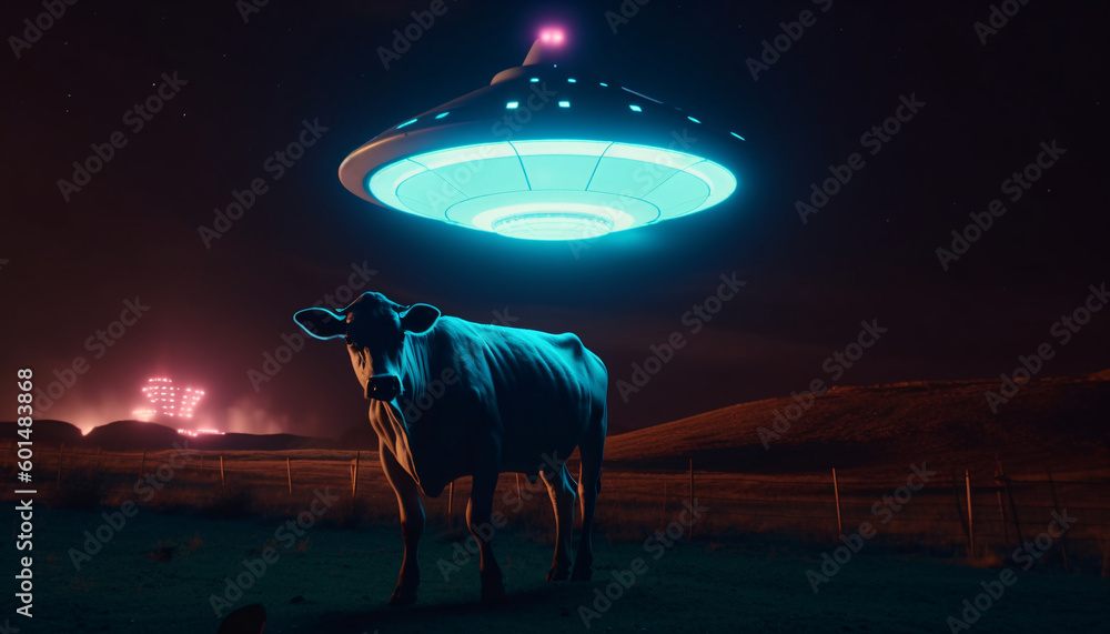 Cow abduction by aliens on a flying saucer in neon light at night in a ...