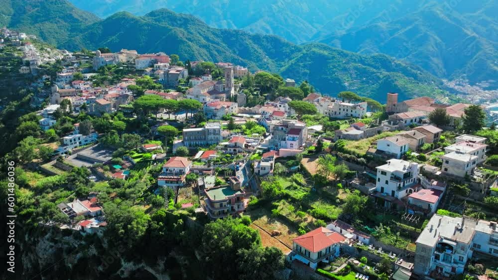 Aerial drone view of Ravello resort town with iconic cliffside gardens ...