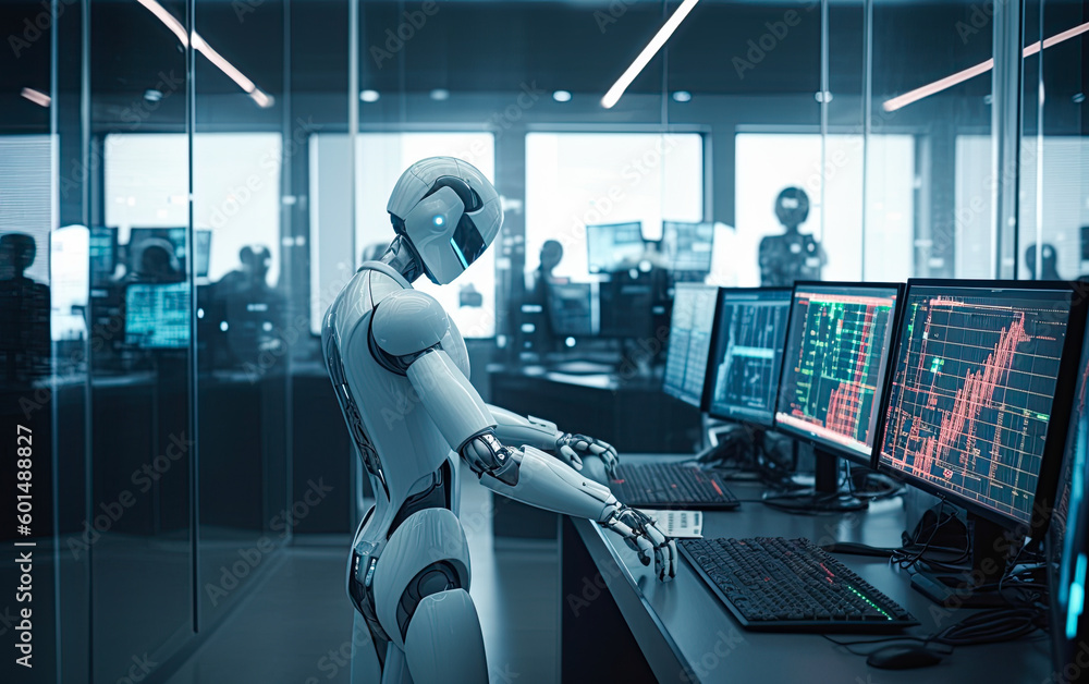 Humanoid robot working in the office. Artificial intelligence replacing human workforce ...
