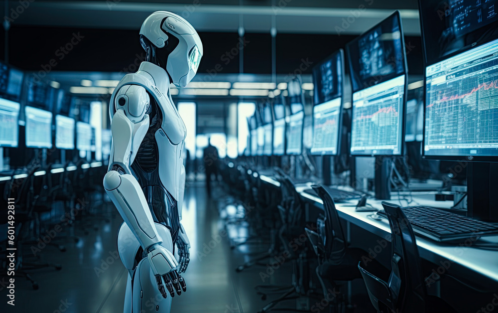 Humanoid robot in the office full of computers and technology ...