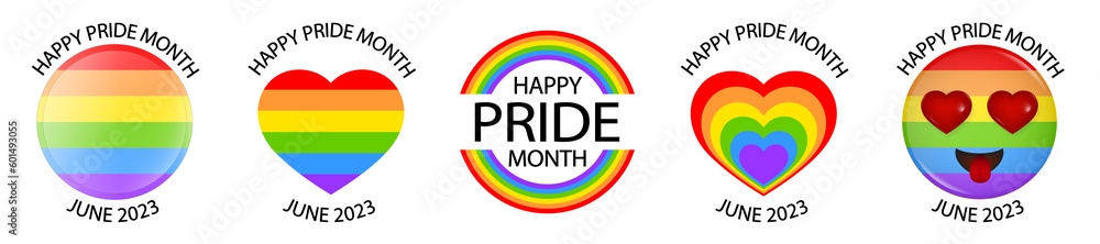 Happy pride month. Set of rainbow icons. Love is love, rainbow flag ...