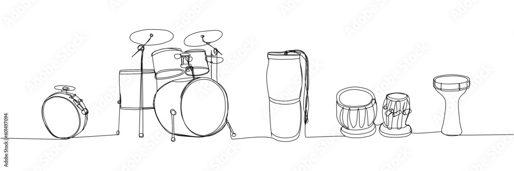 Drums set one line art. Continuous line drawing of play, drum, kit ...