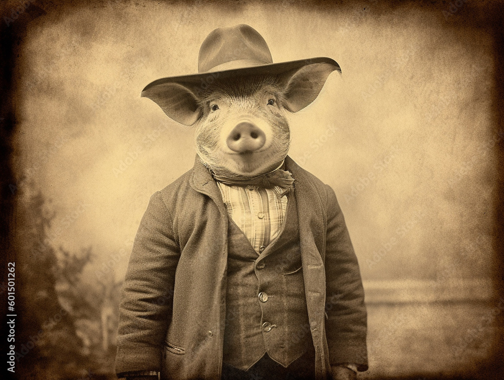 An Antique Photo of a Pig Dressed Up as a Cowboy | Generative AI Stock ...