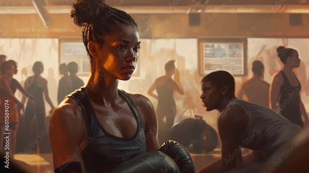 Profile view of a beautiful female boxer training next to a group of ...