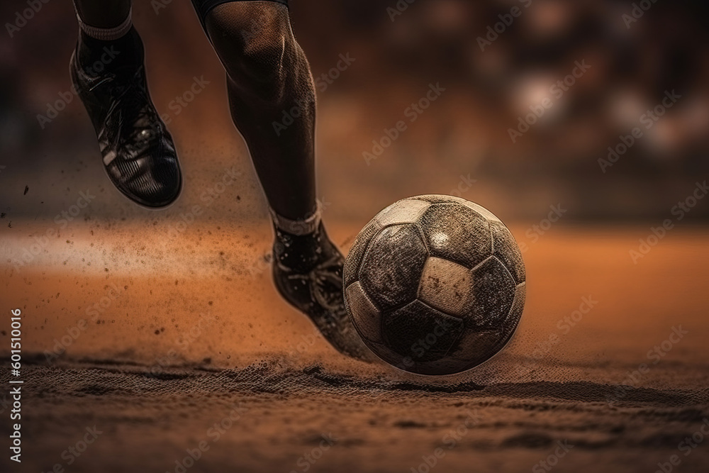Worn Soccer or Football ball rolling on dirt field, kicked by player ...