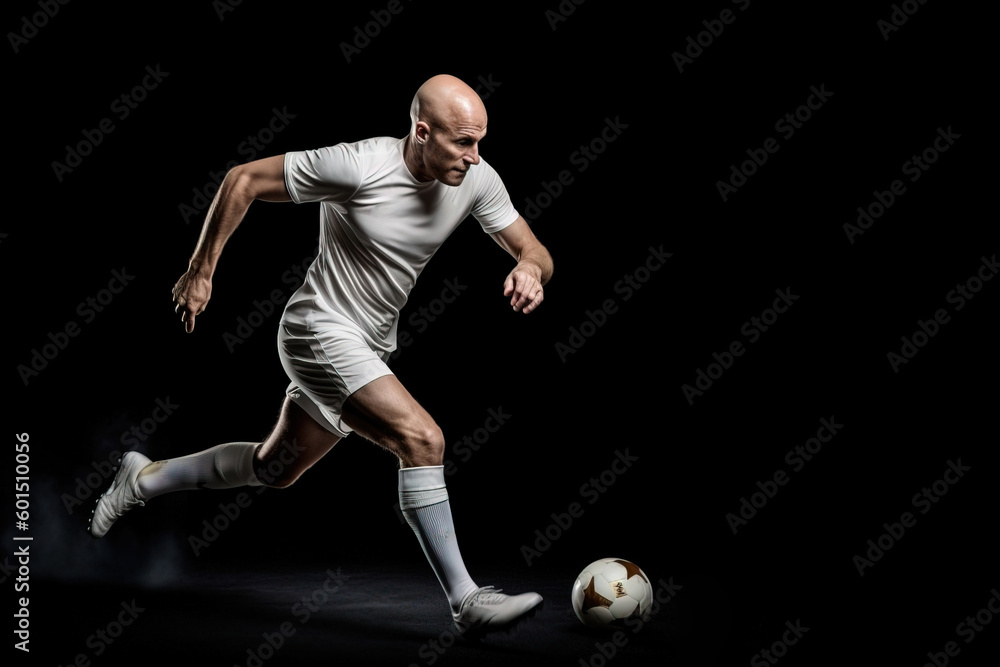 Caucasian bald Soccer or Football player in full white uniform, running ...
