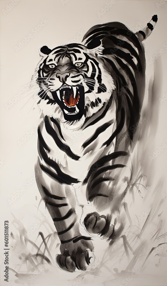 Black and white tiger captured in traditional Chinese ink art. This ...