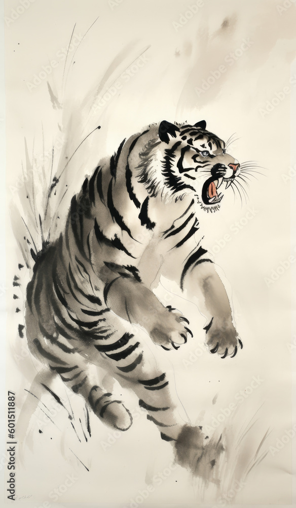 Black and white tiger captured in traditional Chinese ink art. This ...