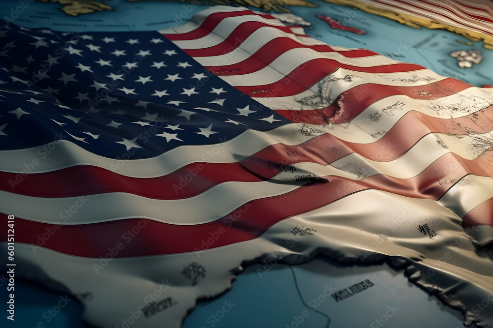 Dirty American flag lies on map close-up. USA Independence Day ...