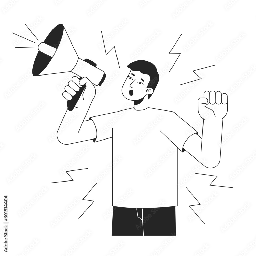Business announcement bw concept vector spot illustration. Man shouting ...