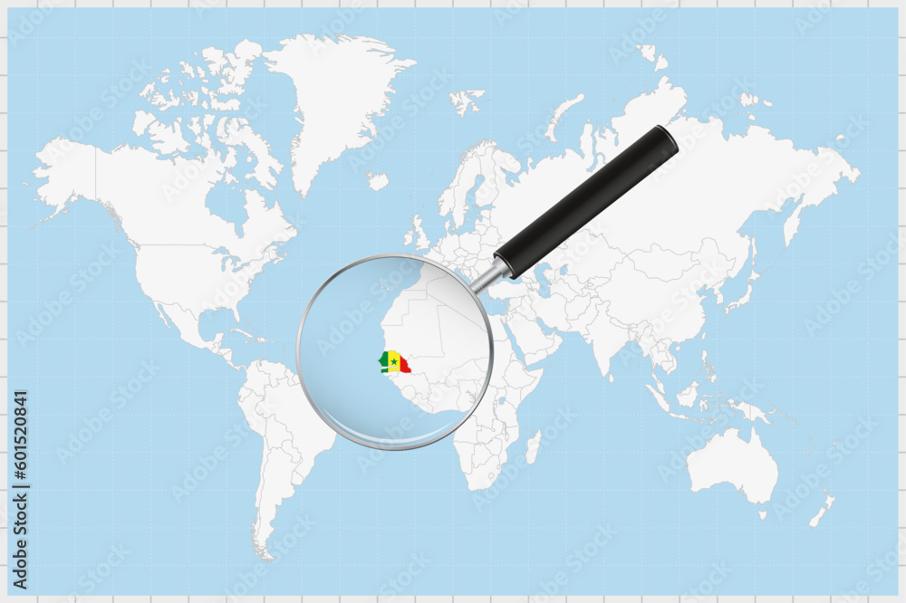 Magnifying glass showing a map of Senegal on a world map. Stock Vector | Adobe Stock