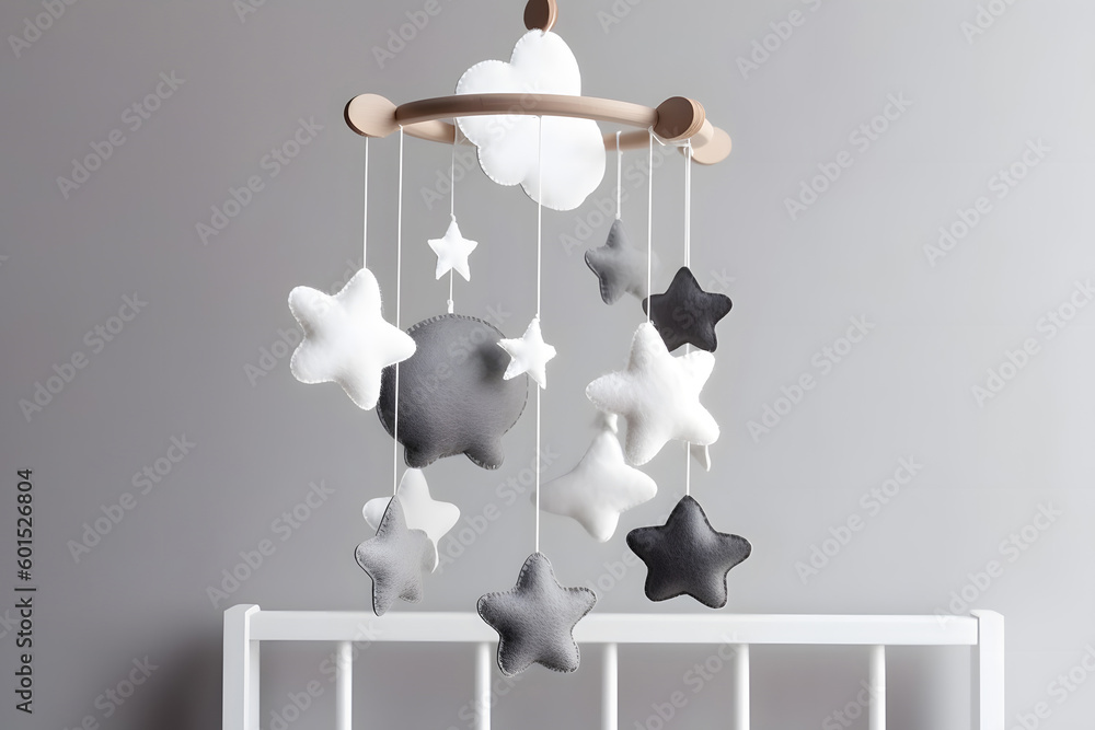 Baby crib mobile with stars, clouds and moon. Kids handmade toys above ...