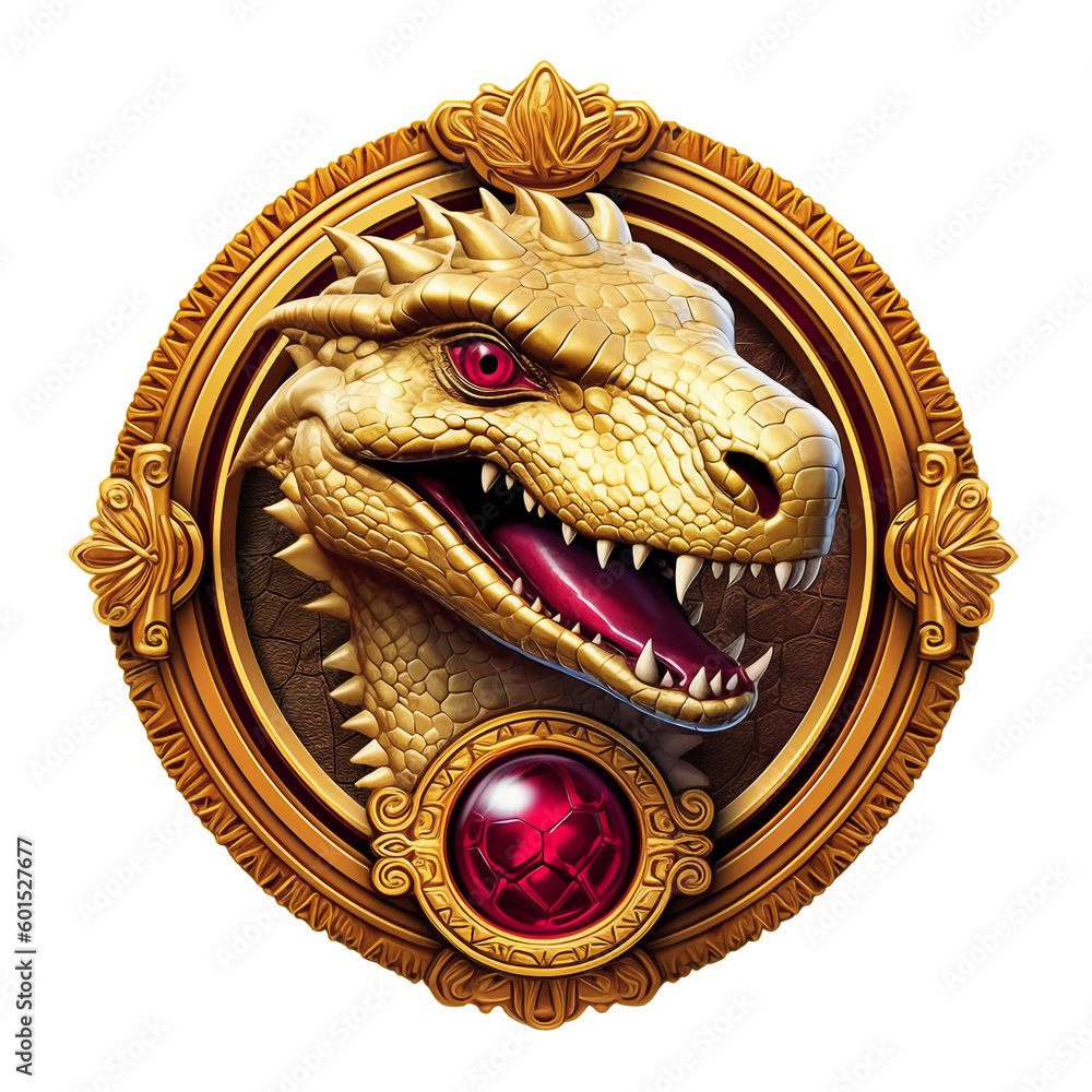 A Silver and gold metal dinosaur head metal emblem. 3D style dinosaur ...