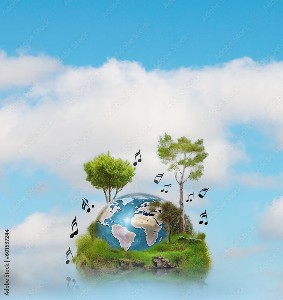 Harmony of nature, music planet earth music notes in the sky around ...