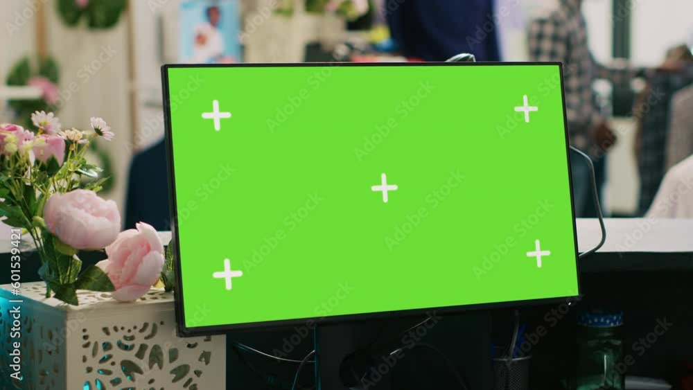 Shopping mall with chroma key greenscreen mock up computer, manager ...