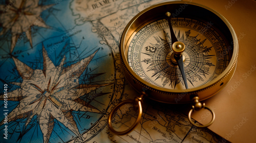 Old Antique Compass on a Paper Map Blue Gold background wallpaper ...