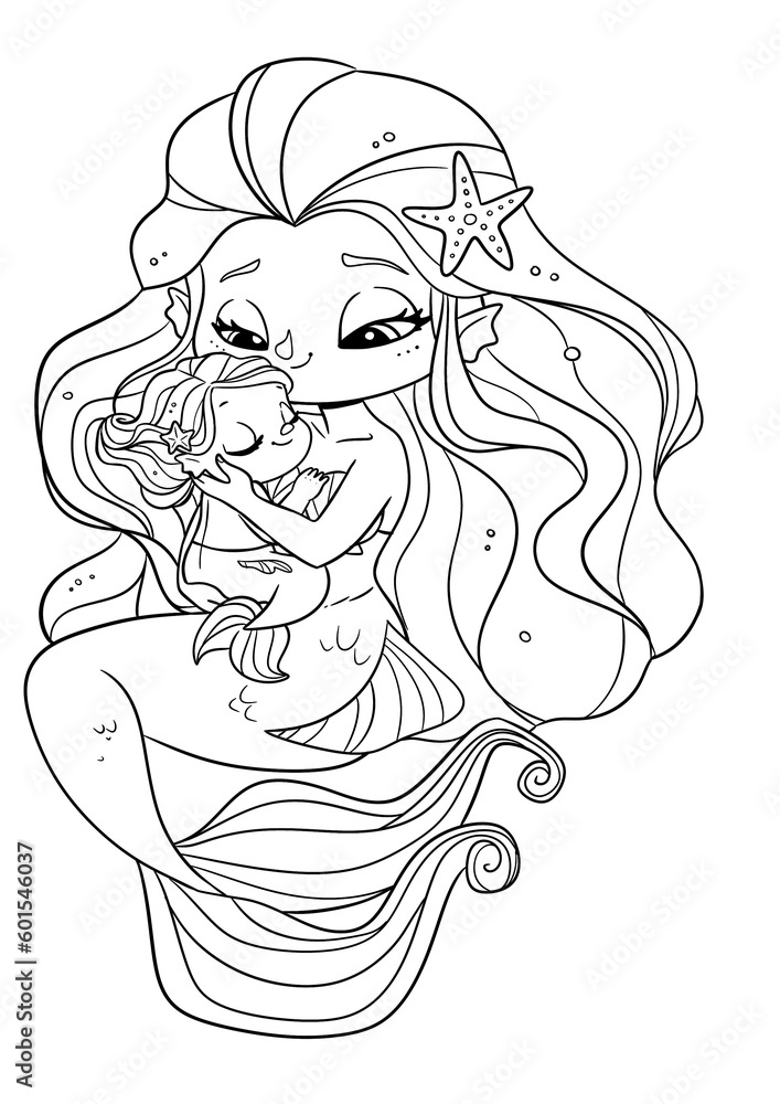 Beautiful mom and baby mermaid Coloring Page for kids and adults Stock ...