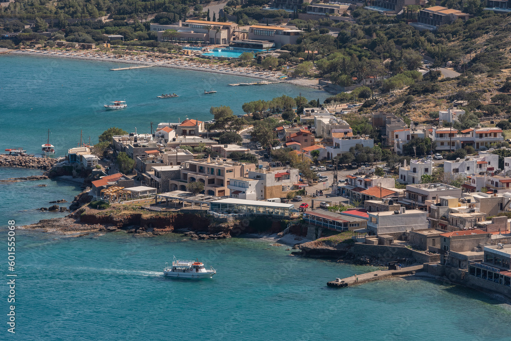 Plaka, Elounda, Crete, Greece. 2023. Overview of the resort of Plaka ...