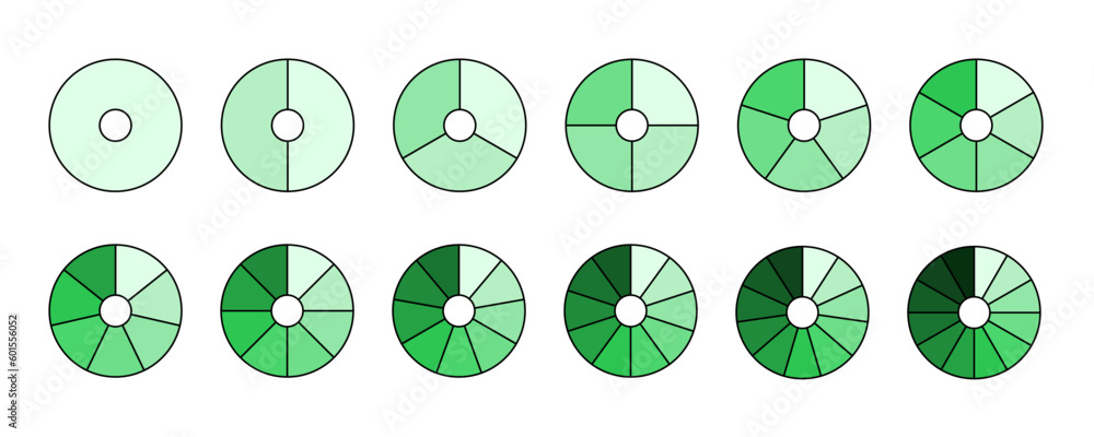 Donut chart segments collection. Wheel diagrams set in green shades ...