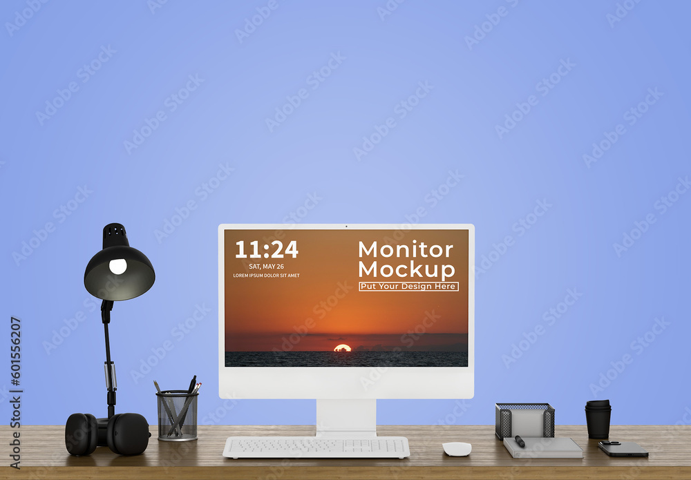 Work Desk with Computer Mockup Stock Template | Adobe Stock
