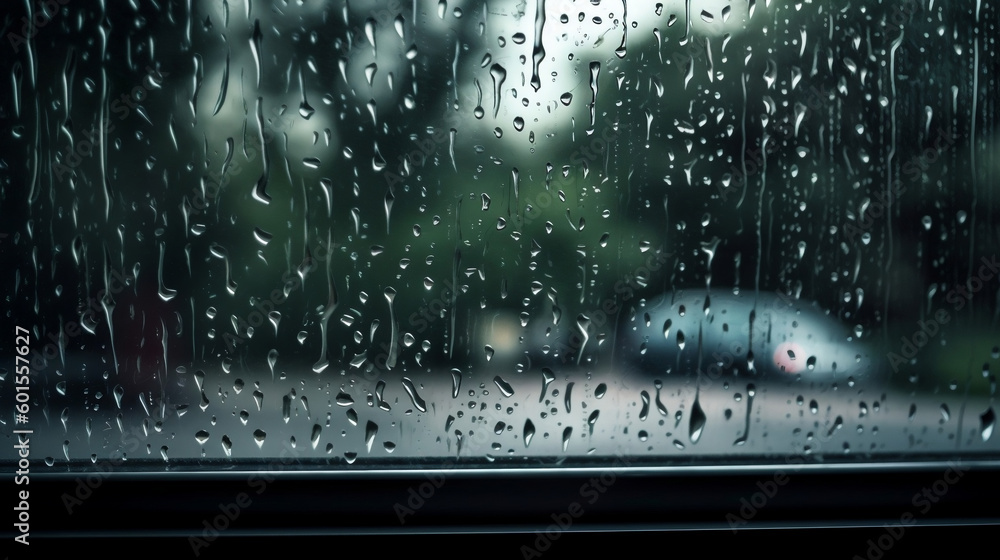 Raindrops falling down the window glass. Raindrops in a sunset. Rain on ...
