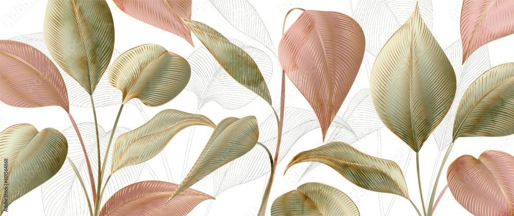 Art background with tropical leaves in green and pink color with golden ...