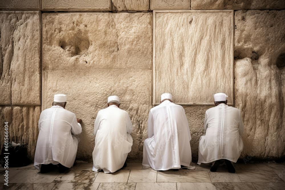 Four Muslim Men Praying at the Western Wall in Jerusalem, Symbolizing ...