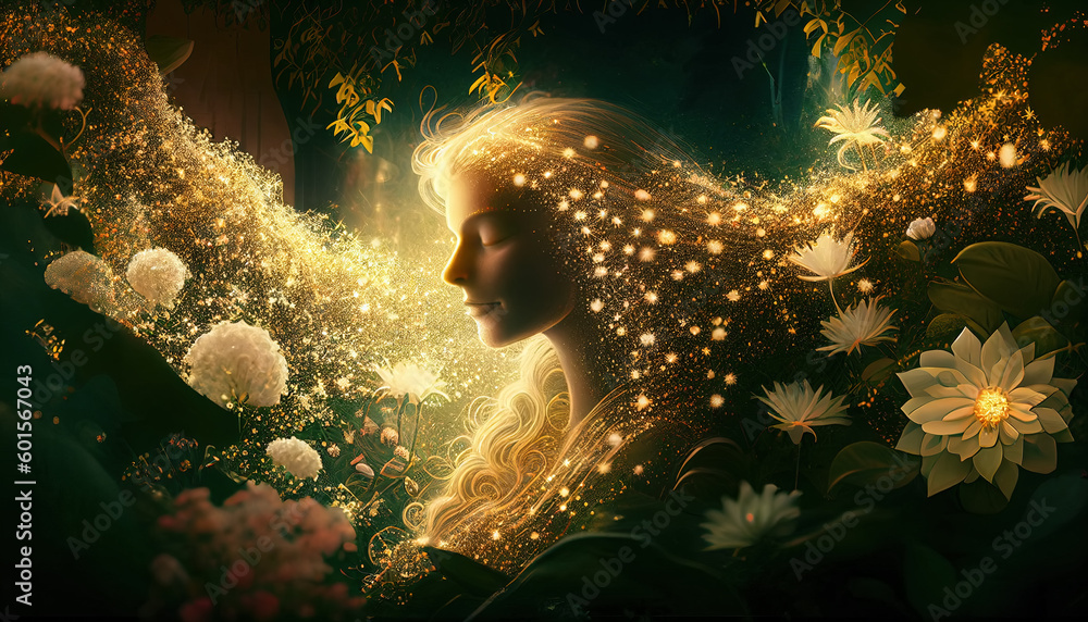 Beautiful female spirit of nature with golden flowers and sparkles in ...
