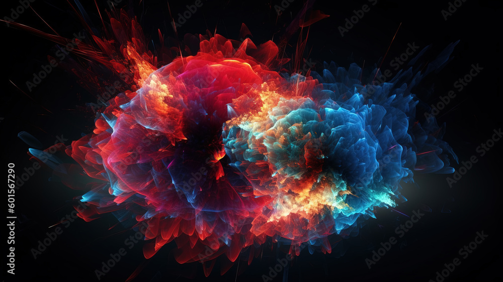 Red and blue particles colliding and merging in a powerful burst of ...