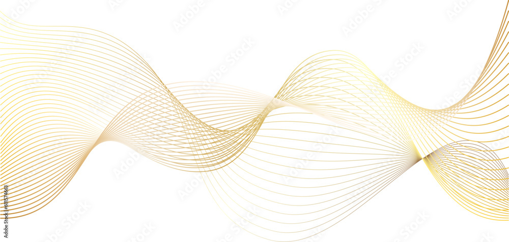 3d wavy gold lines swoosh on white background. Luxury beauty thin curves, swirl as stream flow ...